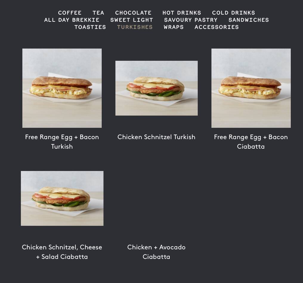 Menu at Hudsons Coffee restaurant, Brisbane City, 111 George St