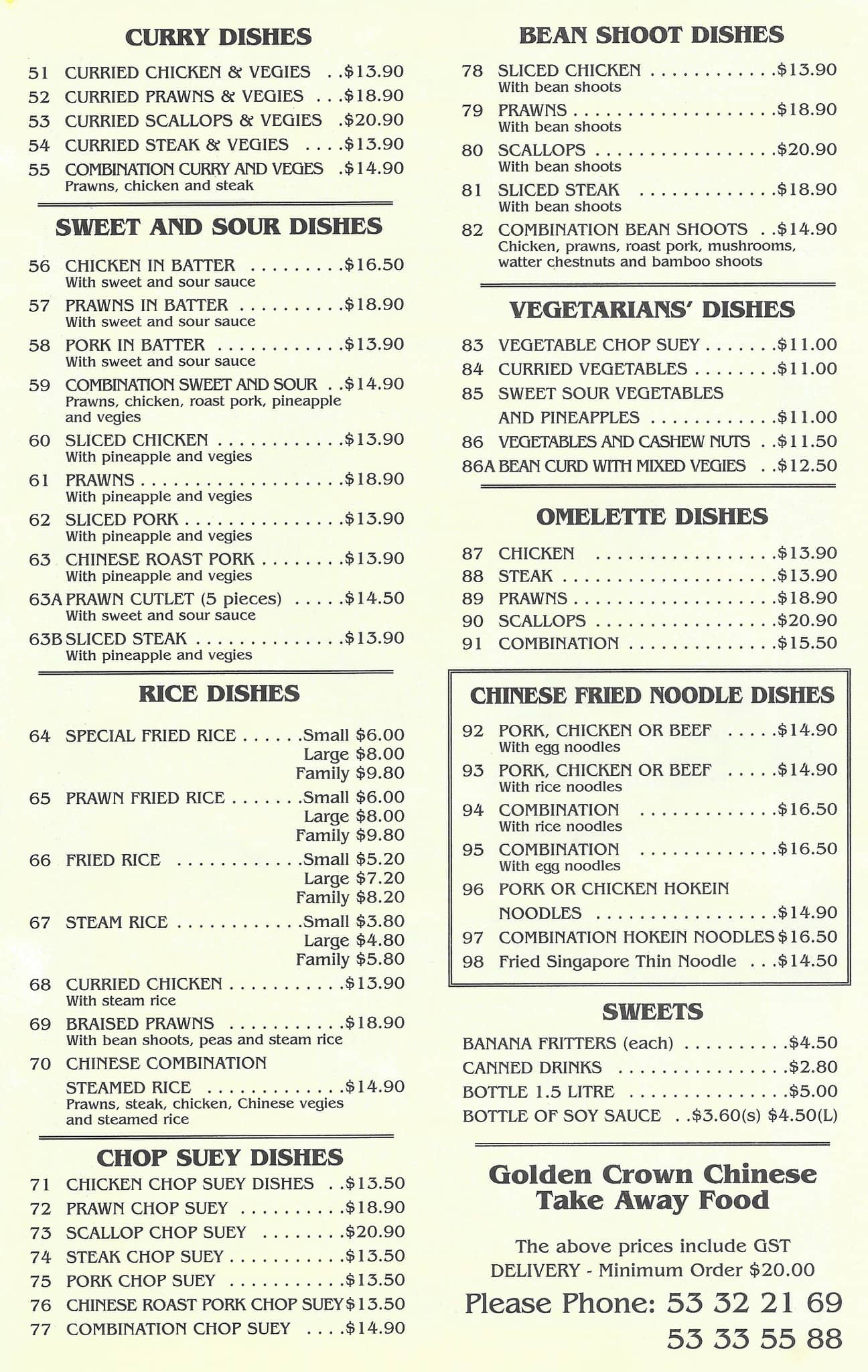 Menu at Golden Crown Chinese Restaurant, Ballarat East, 101-105 Main Rd