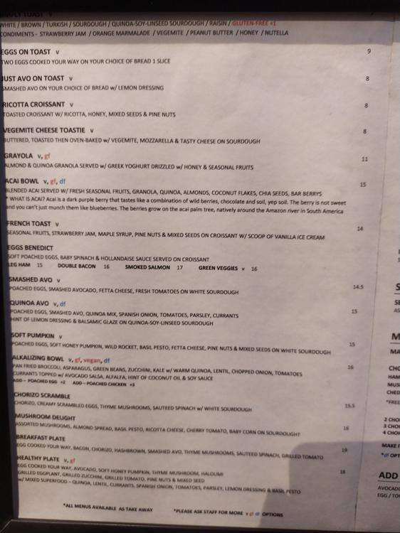 Menu at Blue 36 restaurant, North Sydney
