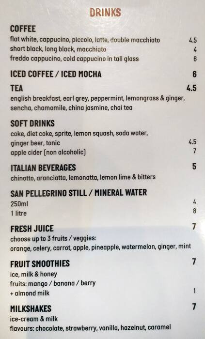 Menu at il Bacio cafe, Haymarket