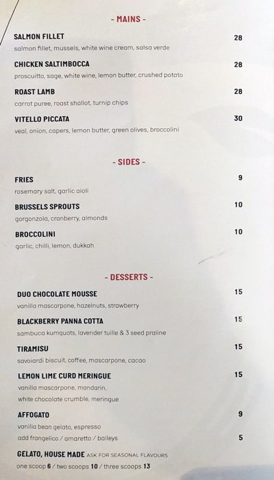 Menu at il Bacio cafe, Haymarket