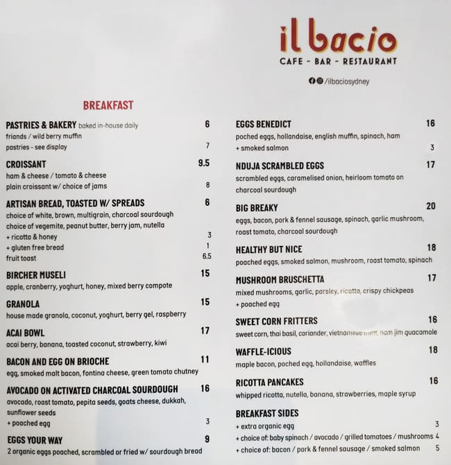 Menu at il Bacio cafe, Haymarket