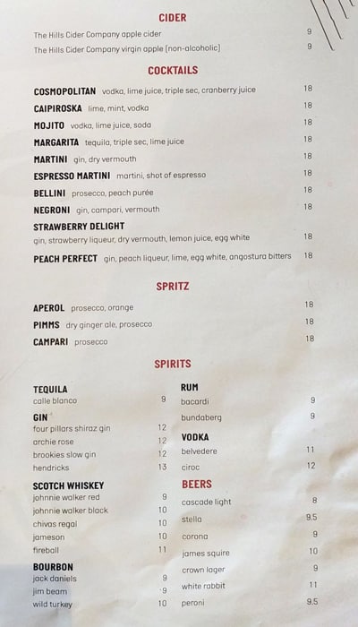 Menu at il Bacio cafe, Haymarket