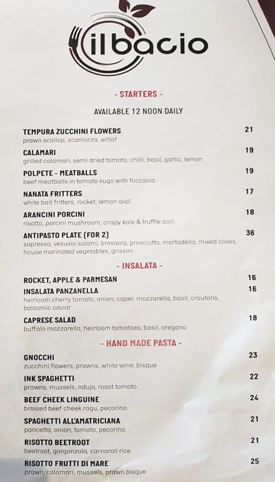 Menu at il Bacio cafe, Haymarket