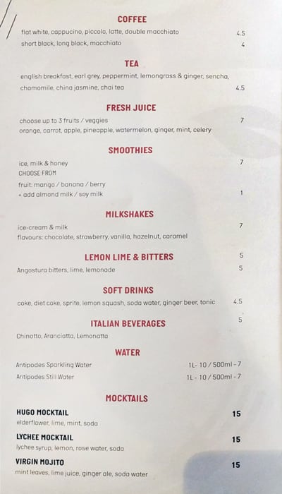 Menu at il Bacio cafe, Haymarket