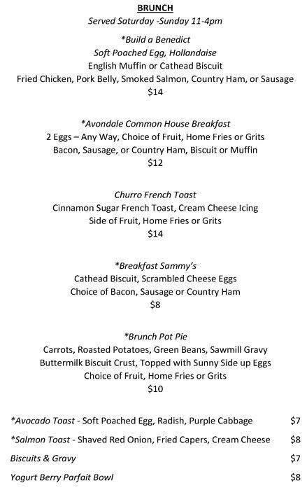 Menu at Avondale Common House pub & bar, Birmingham, 4100 3rd Ave S
