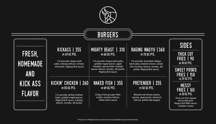 Menu at Raging Bull Burgers restaurant, Makati