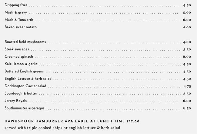 Menu at Hawksmoor Spitalfields steakhouse, London, 157A Commercial St