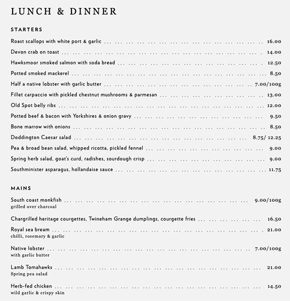 Menu at Hawksmoor Spitalfields steakhouse, London, 157A Commercial St
