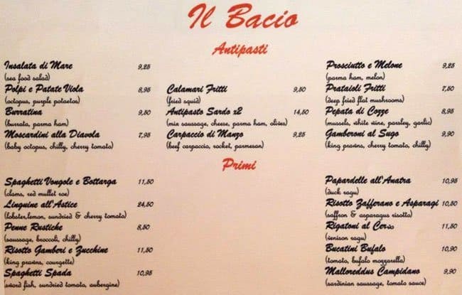 Menu at Il Bacio restaurant, Buckhurst Hill, 182 Queen's Rd