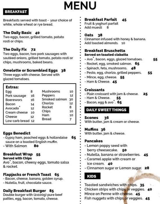 The Daily Coffee Café Menu, Menu for The Daily Coffee Café, Kuilsriver ...