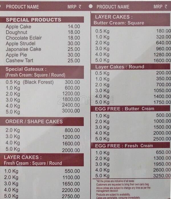 Menu at Adyar Bakery, Chennai, 1/1