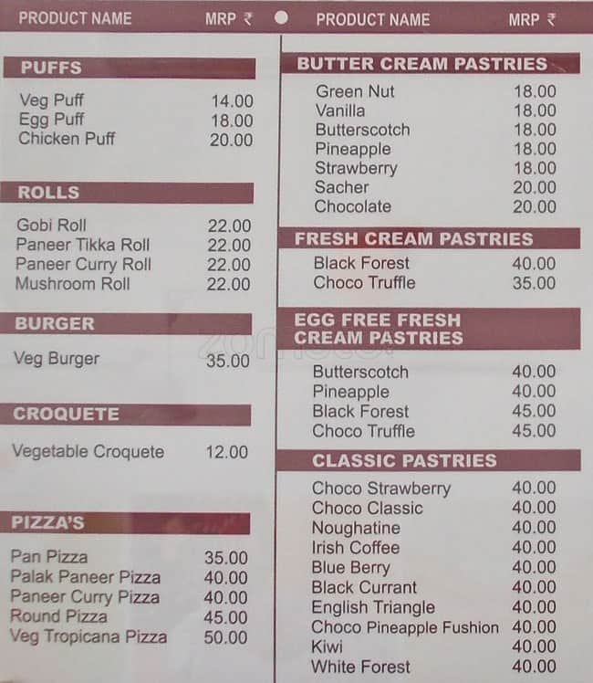 Menu at Adyar Bakery, Chennai, 1/1