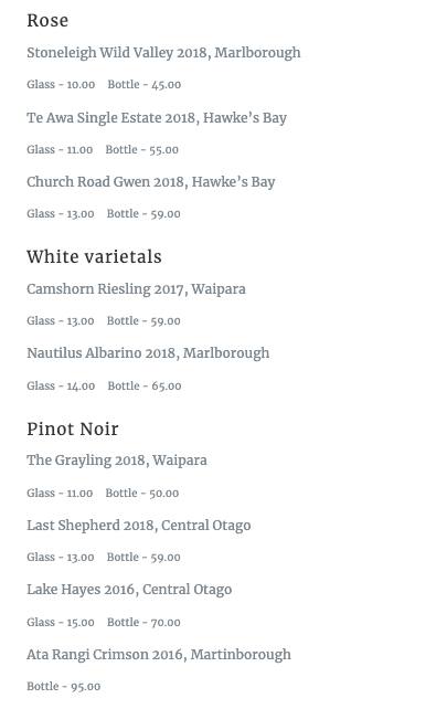 Menu at St John's Bar and Restaurant, Wellington