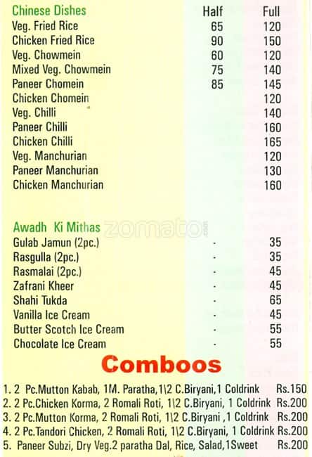Menu at Awadh Darbar Restaurant, Lucknow, C - 1175 Arawali Churaha ...
