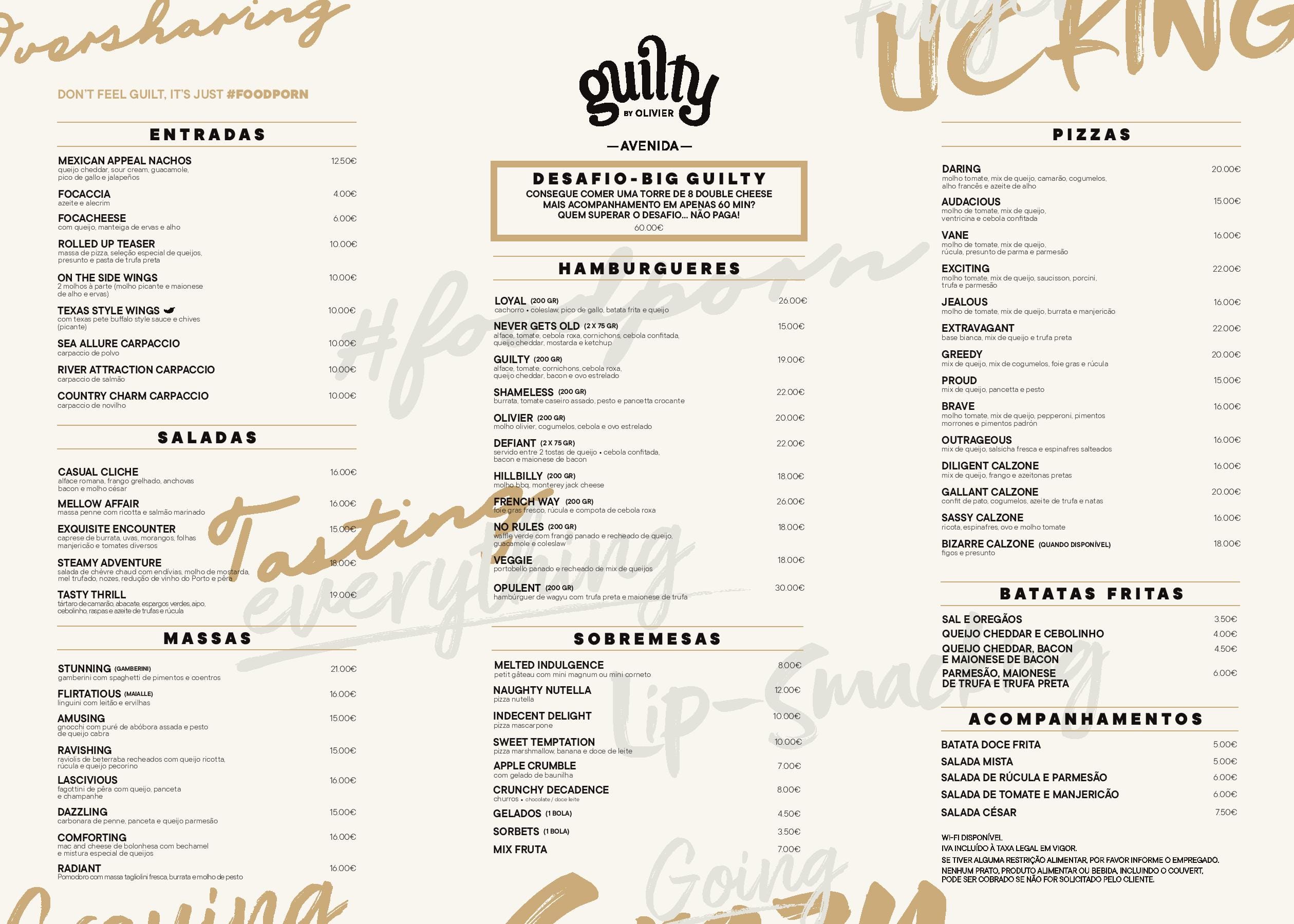Menu em Guilty by Olivier, Avenida pub & Bar, Lisboa, R. Barata ...