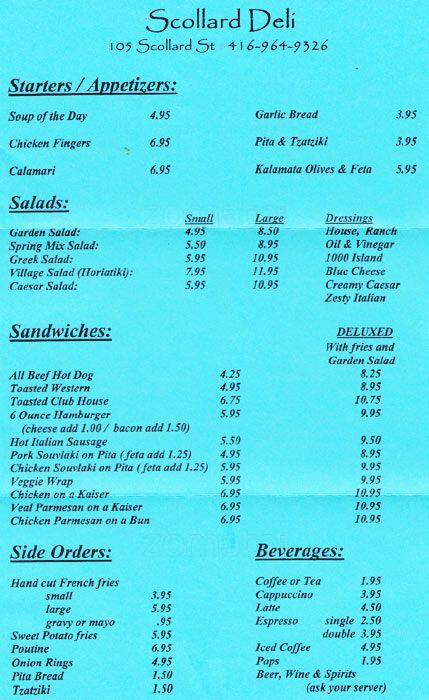 Menu at Scollard Variety & Deli Inc cafe, Toronto