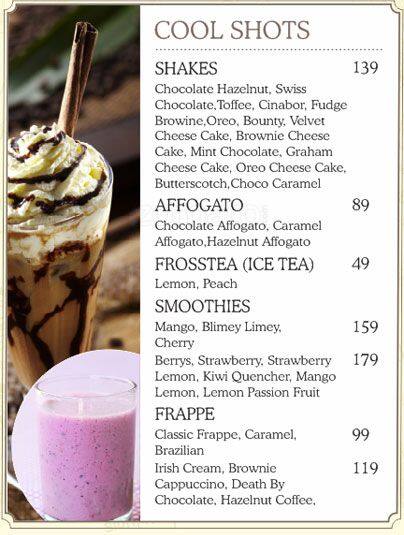 Menu at Hug, Chandigarh