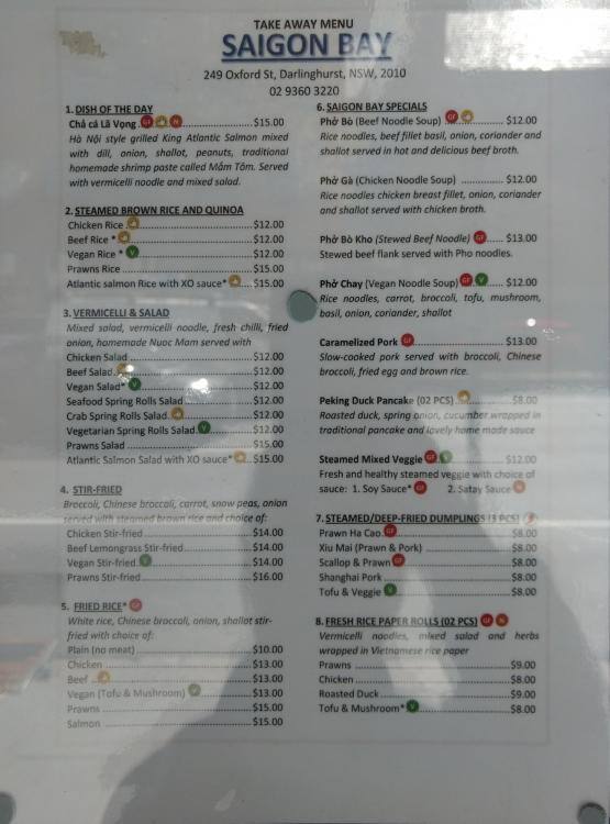 Menu at Saigon Bay Restaurant, Darlinghurst