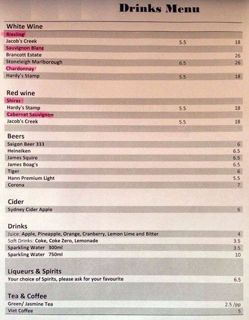 Menu at Saigon Bay Restaurant, Darlinghurst