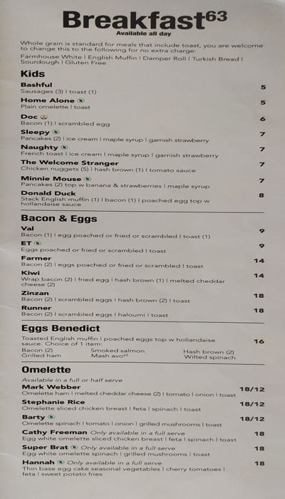 Menu at Cafe 63, Flinders View, 259 Ash St