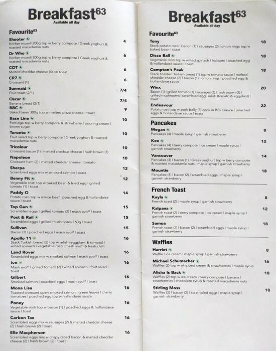 Menu at Cafe 63, Flinders View, 259 Ash St