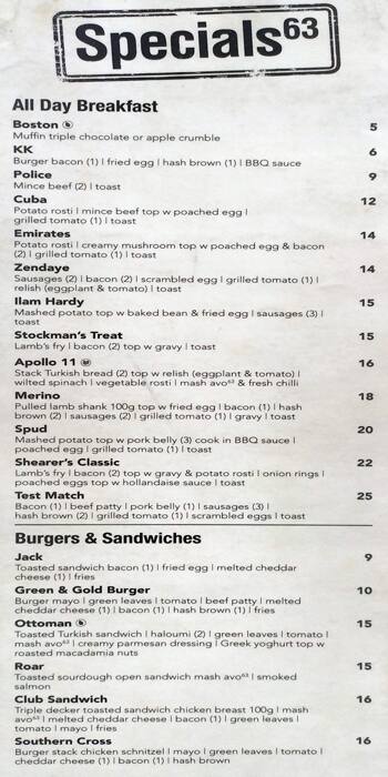 Menu at Cafe 63, Flinders View, 259 Ash St
