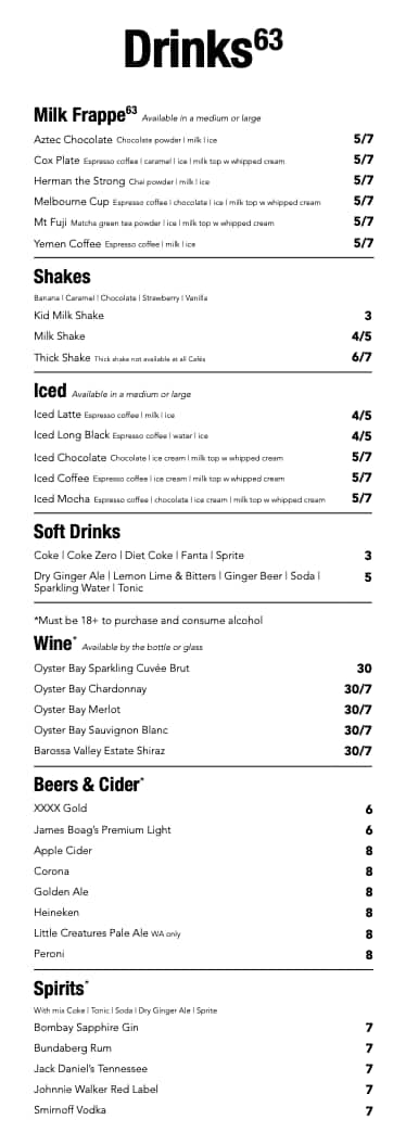 Menu at Cafe 63, South Brisbane, 7/220 Melbourne St