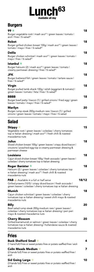 Menu at Cafe 63, South Brisbane, 7/220 Melbourne St
