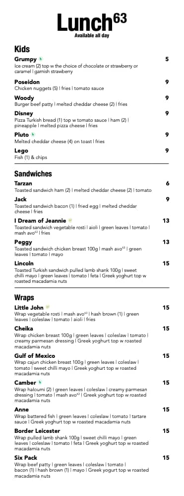 Menu at Cafe 63, South Brisbane, 7/220 Melbourne St