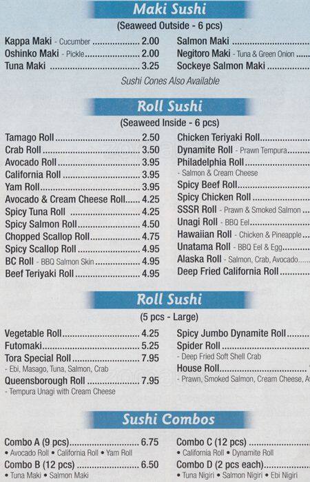 Menu at Tora Sushi restaurant, New Westminster, 805 Boyd St