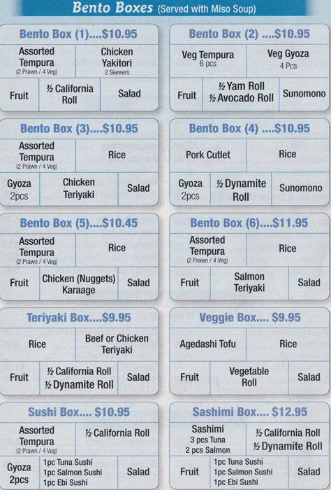 Menu at Tora Sushi restaurant, New Westminster, 805 Boyd St