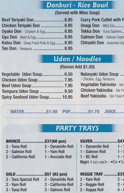 Menu at Tora Sushi restaurant, New Westminster, 805 Boyd St