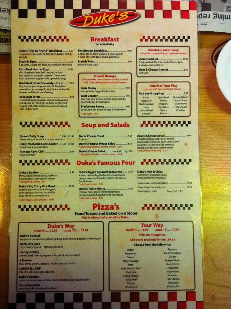 Menu at Duke's restaurant, Campbell River
