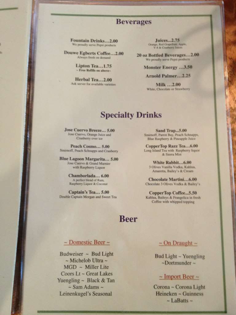 Menu at Coppertop Golf Club, Brunswick
