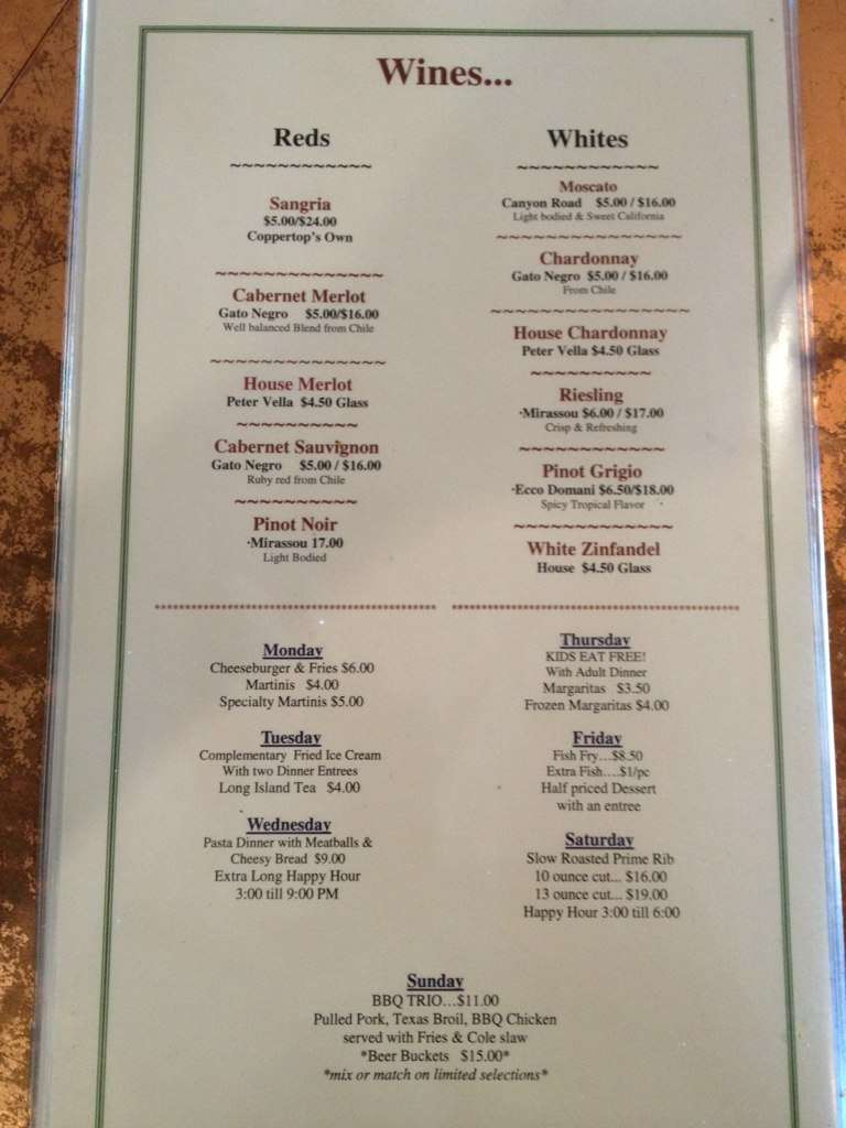 Menu at Coppertop Golf Club, Brunswick