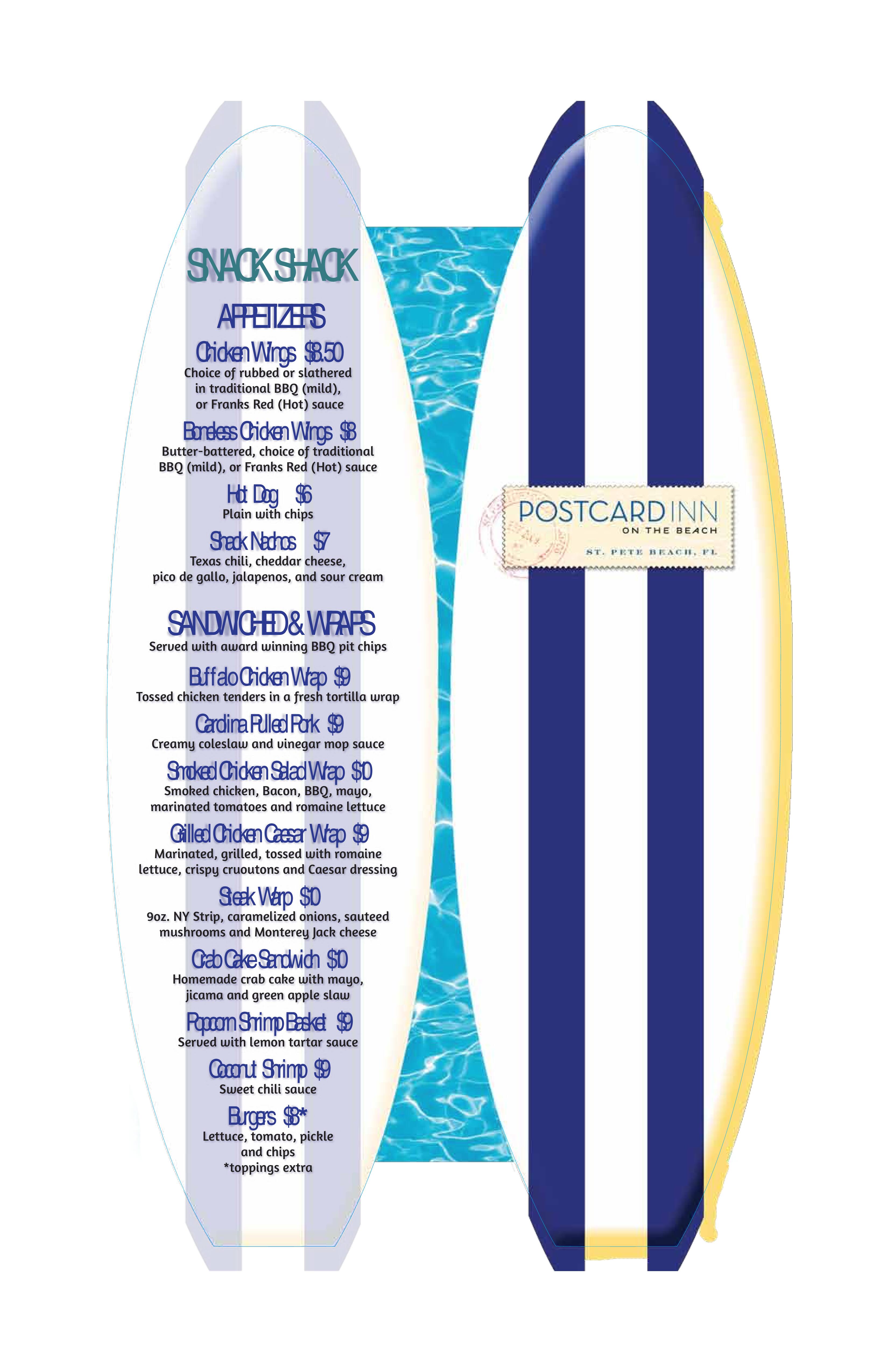 Menu at Postcard Inn Beach Bar & Snack Shack, Saint Pete Beach