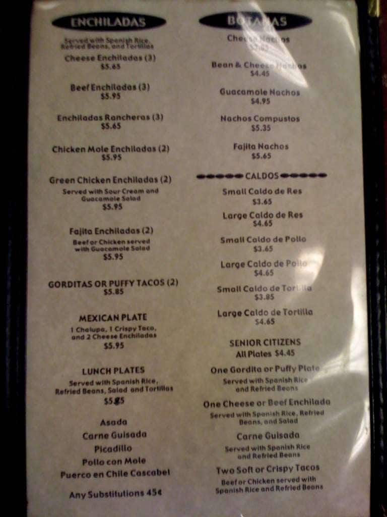 Menu at Lula's Mexican Cafe, San Antonio, 115 E Travis St #104