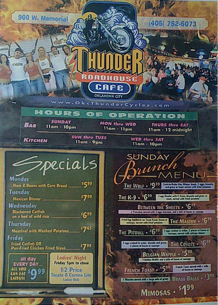 Menu at Thunder Roadhouse Cafe, Oklahoma City