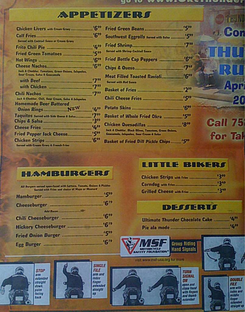Menu at Thunder Roadhouse Cafe, Oklahoma City