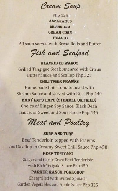 Menu at The Platters restaurant, Cebu City