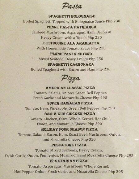 Menu at The Platters restaurant, Cebu City
