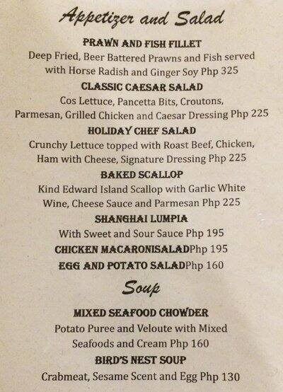 Menu at The Platters restaurant, Cebu City
