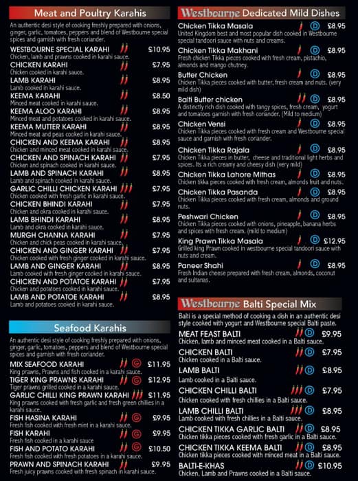 Menu at Westbourne Spice restaurant, Otley