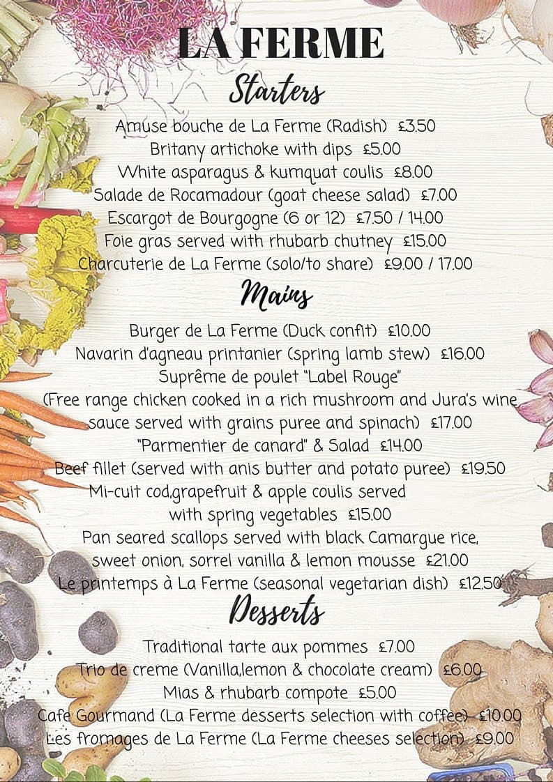 Menu at La Petite Ferme restaurant, London, 104