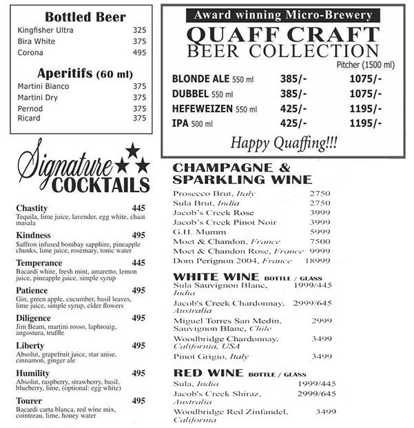 Menu of Quaff Brewing Co., DLF Cyber City, Gurgaon