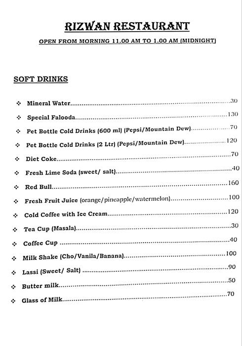 Menu at Rizwan family Restaurant, Calangute