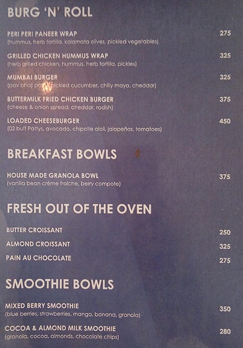 Menu at Javaphile Juhu, Mumbai