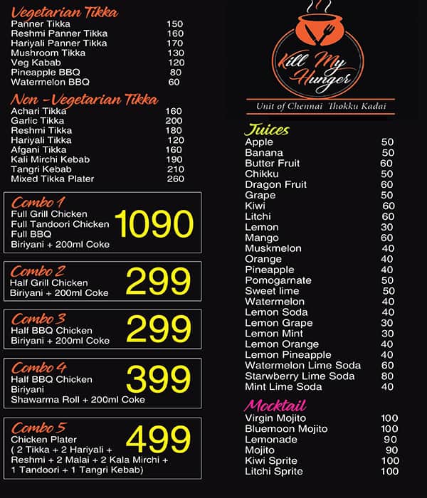 Menu at Kill my hunger, Chennai