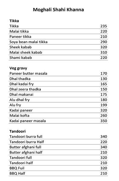 Menu of Mughlai Shahi Khana, Jalahalli, Bangalore
